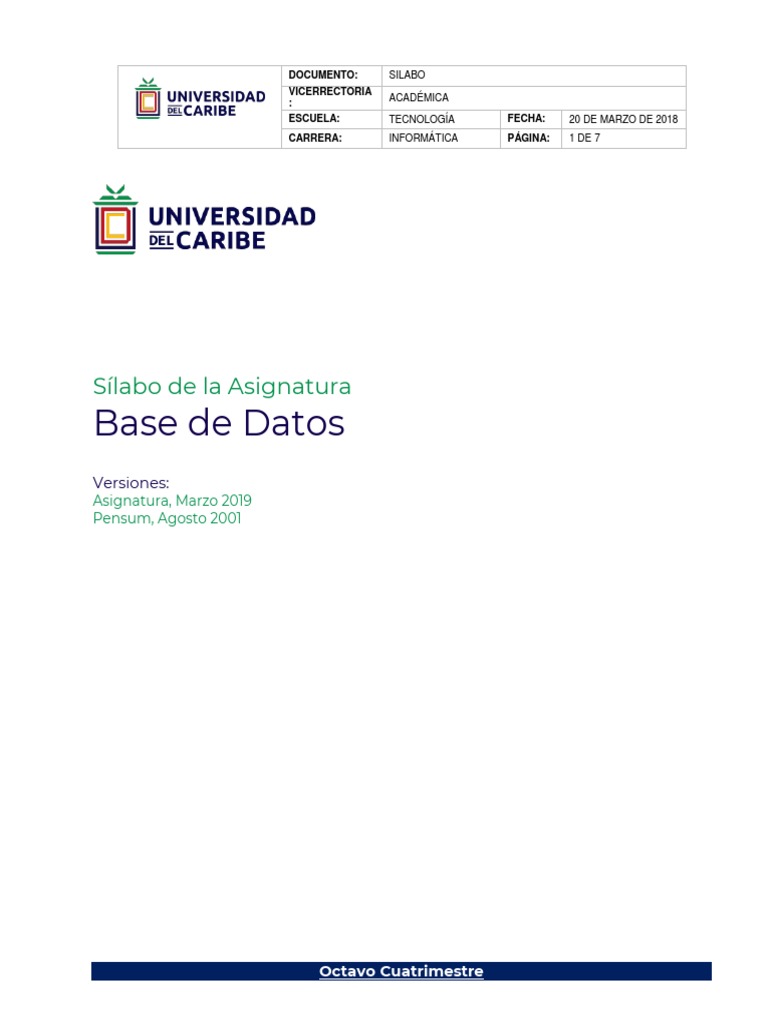 Silabo de Base de Datos - BBDD-UNICARIBE INF-436 | PDF | SQL | Bases de datos