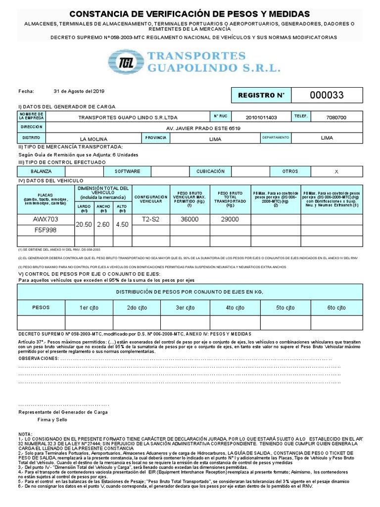 Formato Pesos y Medidas | PDF | Eje | Partes de vehículo