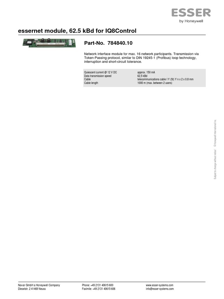 Essernet Module, 62.5 KBD For Iq8Control: Part-No. 784840.10 | PDF