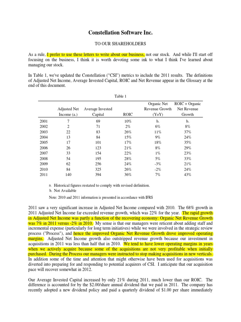 Constellation Software Inc | PDF | Intangible Asset | Stocks