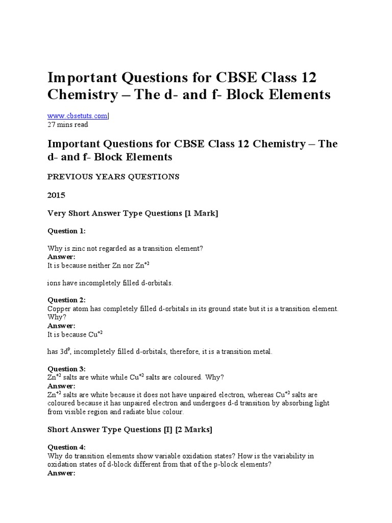 Important Questions For CBSE Class 12 Chemistry From CBSETUTS | PDF ...