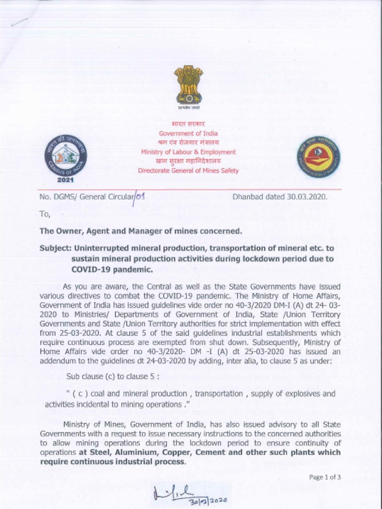 DGMS - Gen. - Circular No.1 of 2020 PDF | PDF
