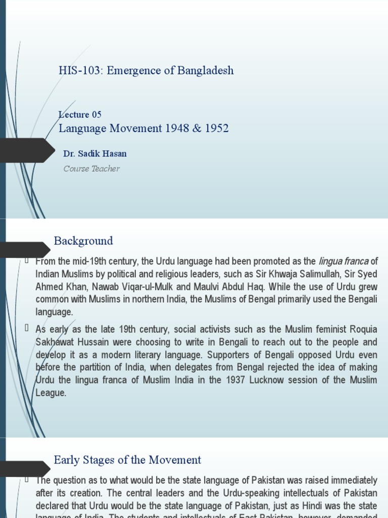 HIS103 Lec 05 Language Movement 1948 & 1952 | PDF | Pakistan | Bangladesh