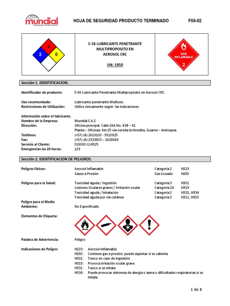 FICHA SEGURIDAD MSDS 5-56 Lubricante Penetrante Aerosol CRC SGA | PDF ...