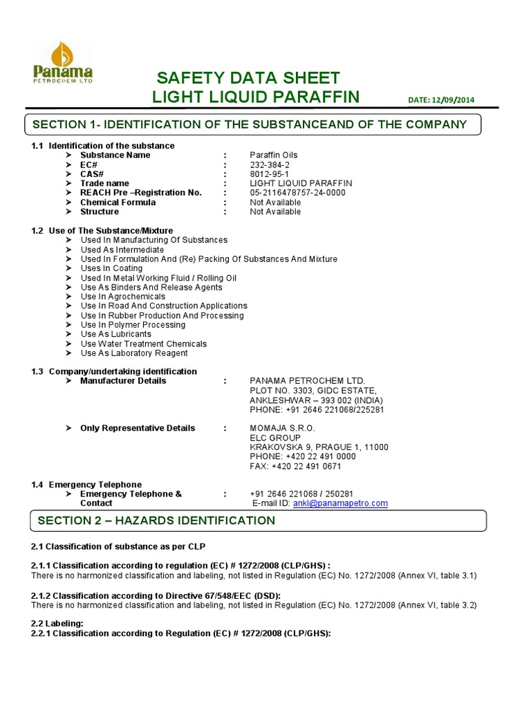 Light Liquid Paraffin Safety Overview | PDF | Dangerous Goods | Toxicity