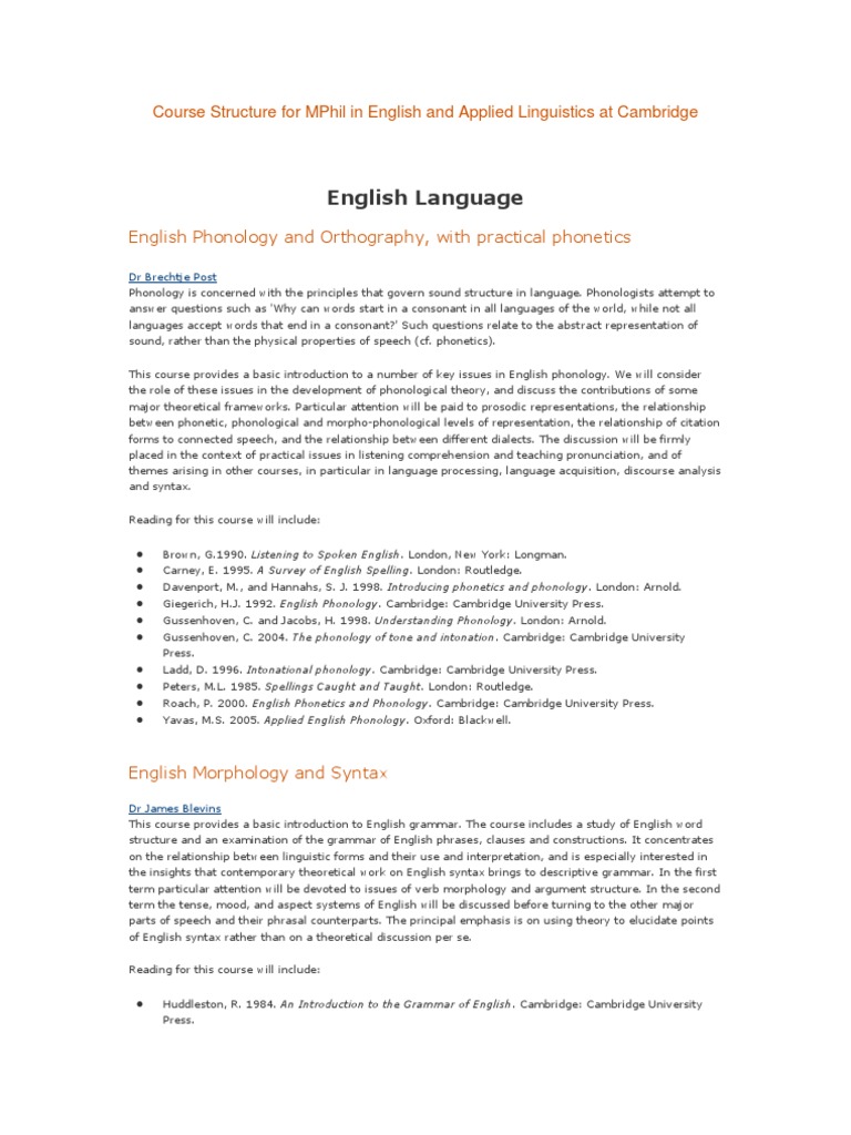 Course Structure and Readings For MPhil in English and Applied Linguistics at Cambridge | PDF ...