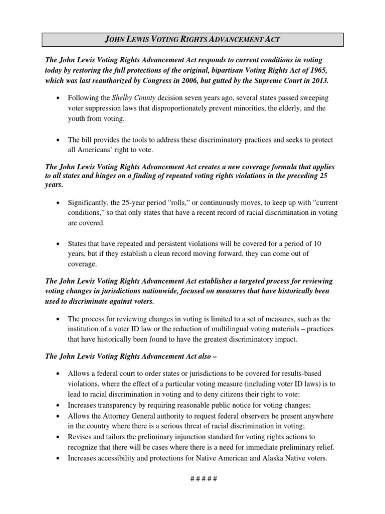 John Lewis Voting Rights Advancement Act One Pager | PDF | Voting ...