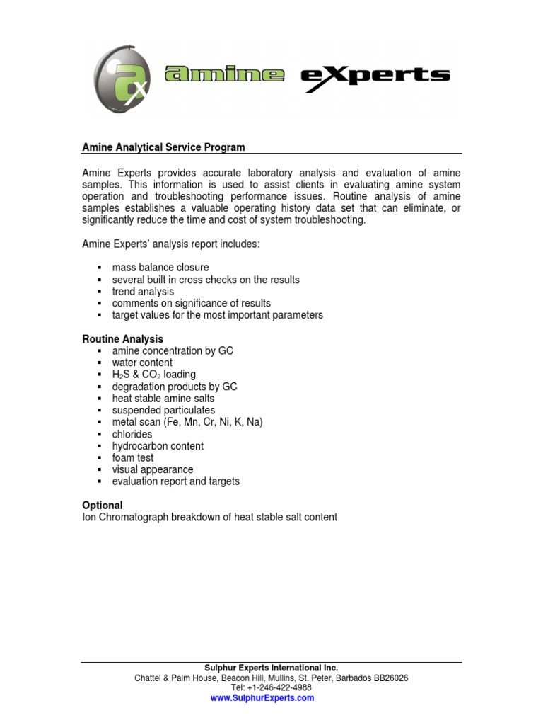 Amine Analysis Services Overview | PDF | Chemical Substances | Chemistry