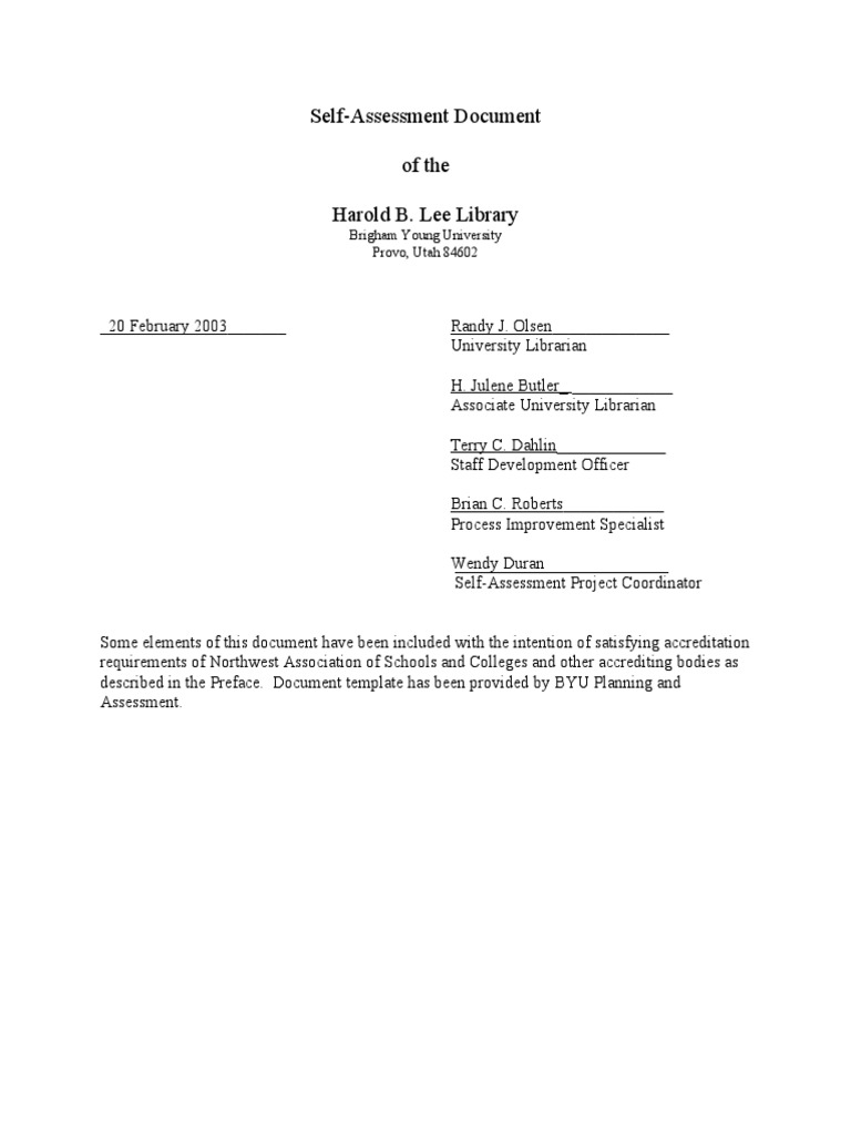 Self-Assessment Document of The Harold B. Lee Library: Brigham Young ...