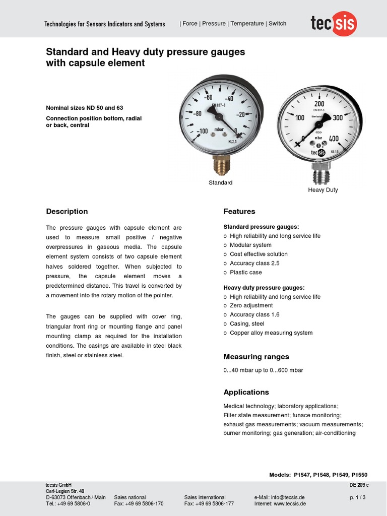 Standard and Heavy Duty Pressure Gauges With Capsule Element | PDF ...