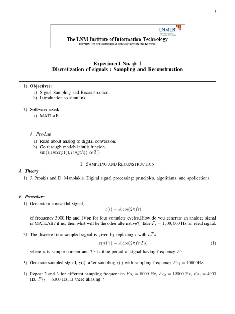Experiment No. 1 Discretization of Signals: Sampling and Reconstruction | PDF | Discrete Fourier ...