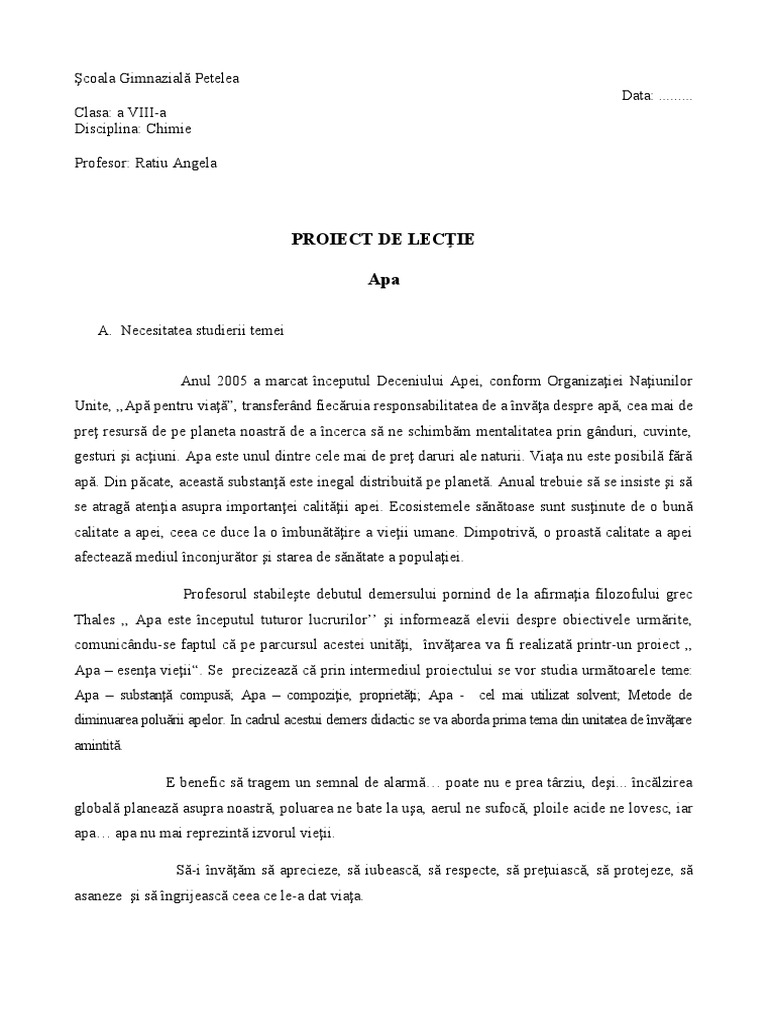 Proiect - Transdisciplinar - Apa Chimie-Lectie | PDF