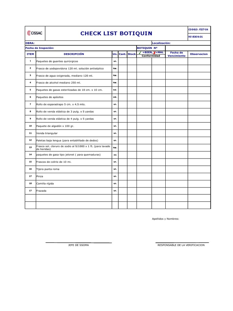 Checklist botiquín de primeros auxilios | PDF | Elementos químicos ...