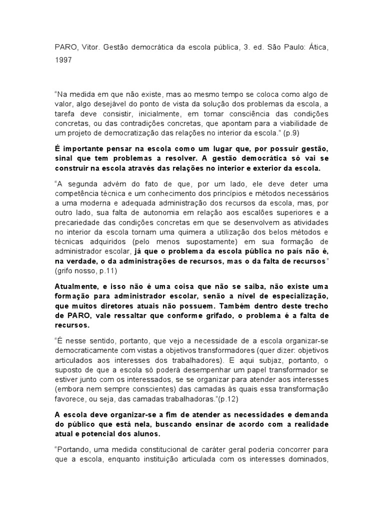 Gestão Democratica Da Escola Publica - Fichamento | PDF | Democracia ... Gestão Democratica Da Escola Publica - Fichamento | PDF | Democracia ...
