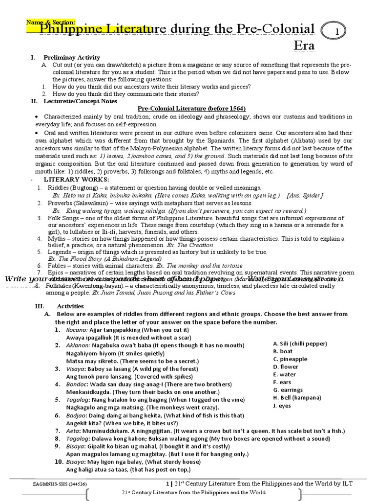 21st Century Literature Activity Sheet 01 - Pre-Colonial Literature ...