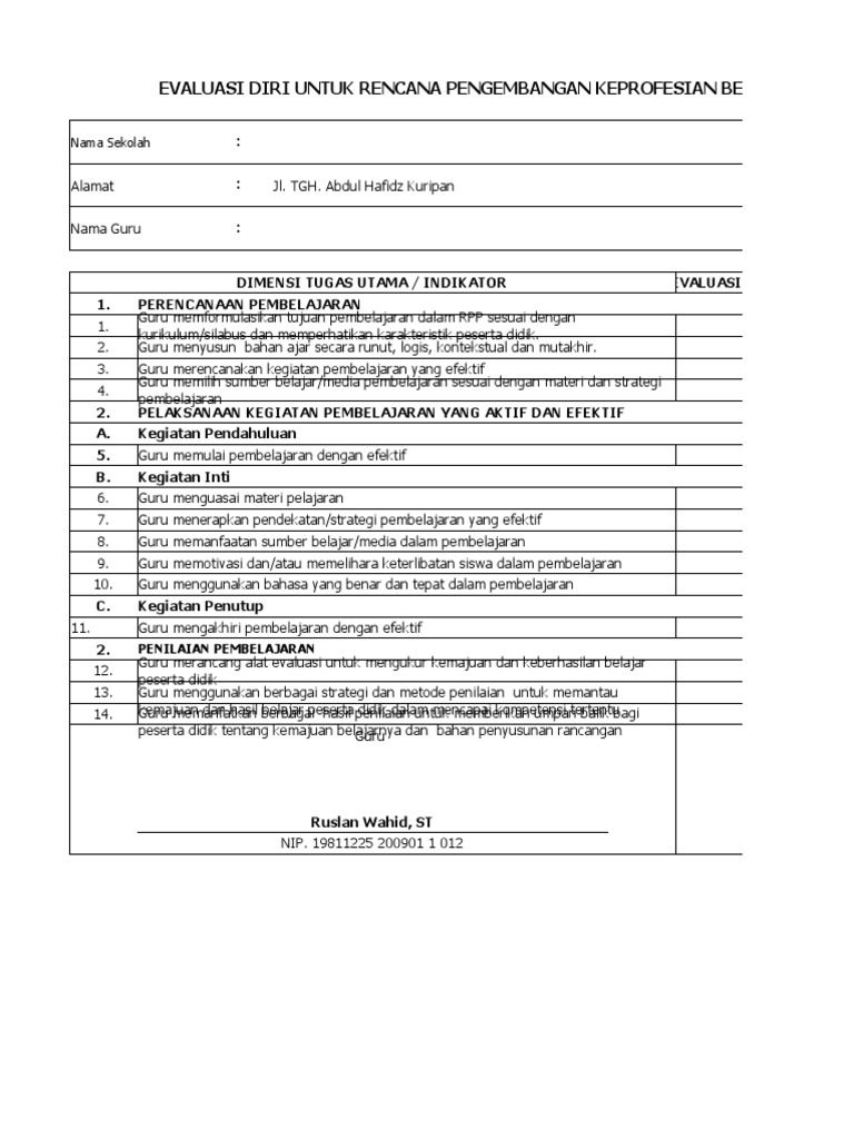 Daftar Evaluasi Diri Kerja Guru | PDF
