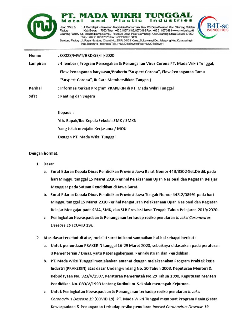 Surat Edaran Pt. Mada Wikri Tunggal - Covid 19 | PDF