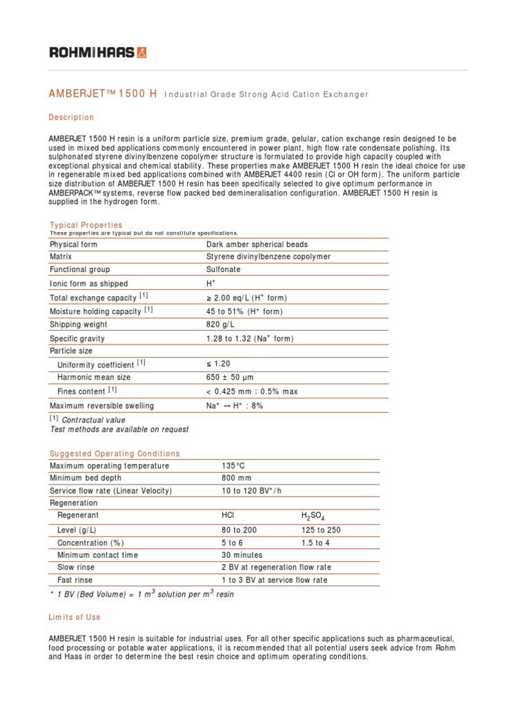 Amberjet™ 1500 H: Industrial Grade Strong Acid Cation Exchanger | PDF | Flow Measurement | Ion ...