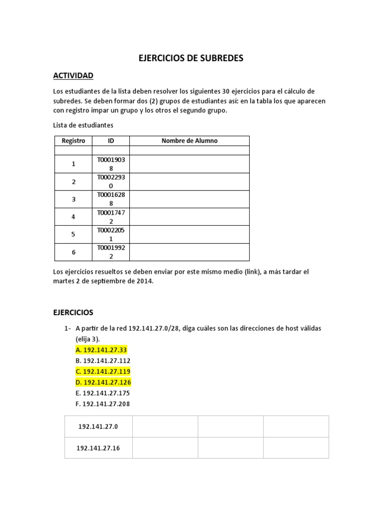 Ejercicios de Subredes | PDF | Dirección IP | Red de arquitectura