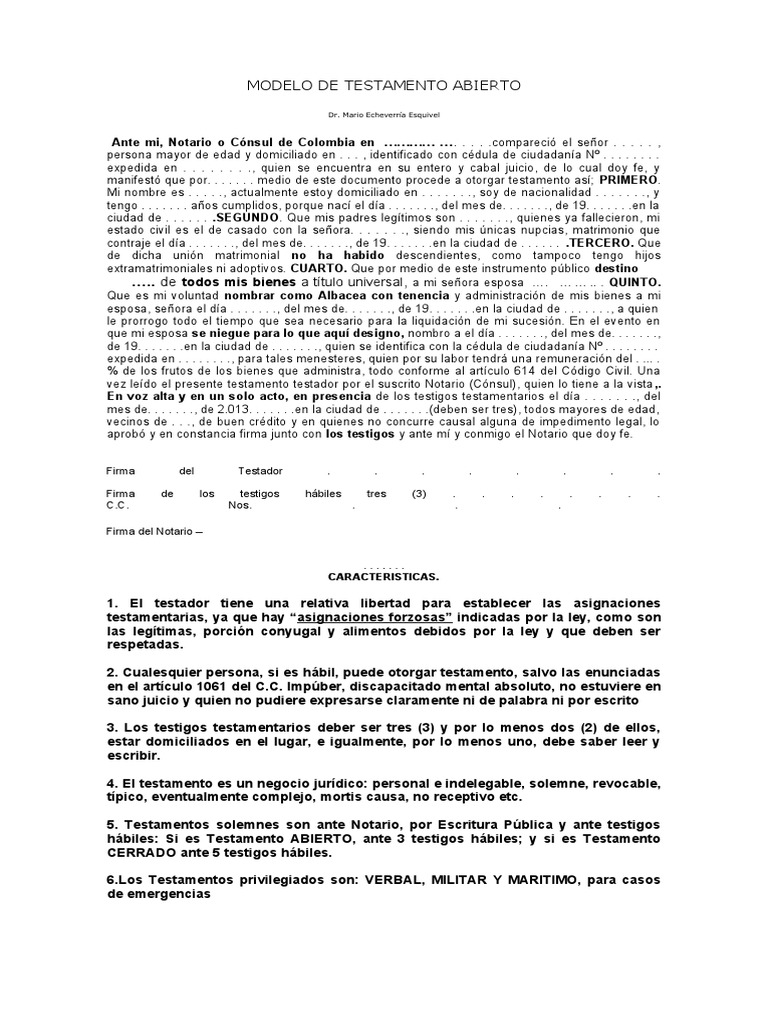 TESTAMENTO ABIERTO - Modelo | PDF | Voluntad y testamento | Justicia