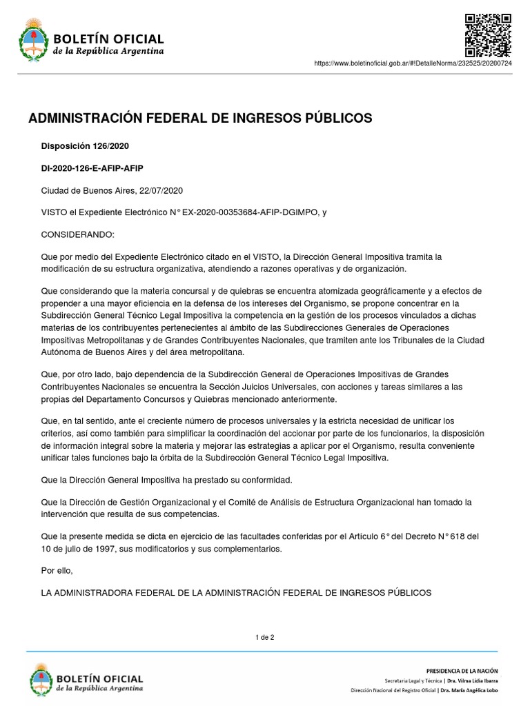 Disposicion 126-2020 AFIP Estructura | PDF | Bancarrota | Jurisdicción