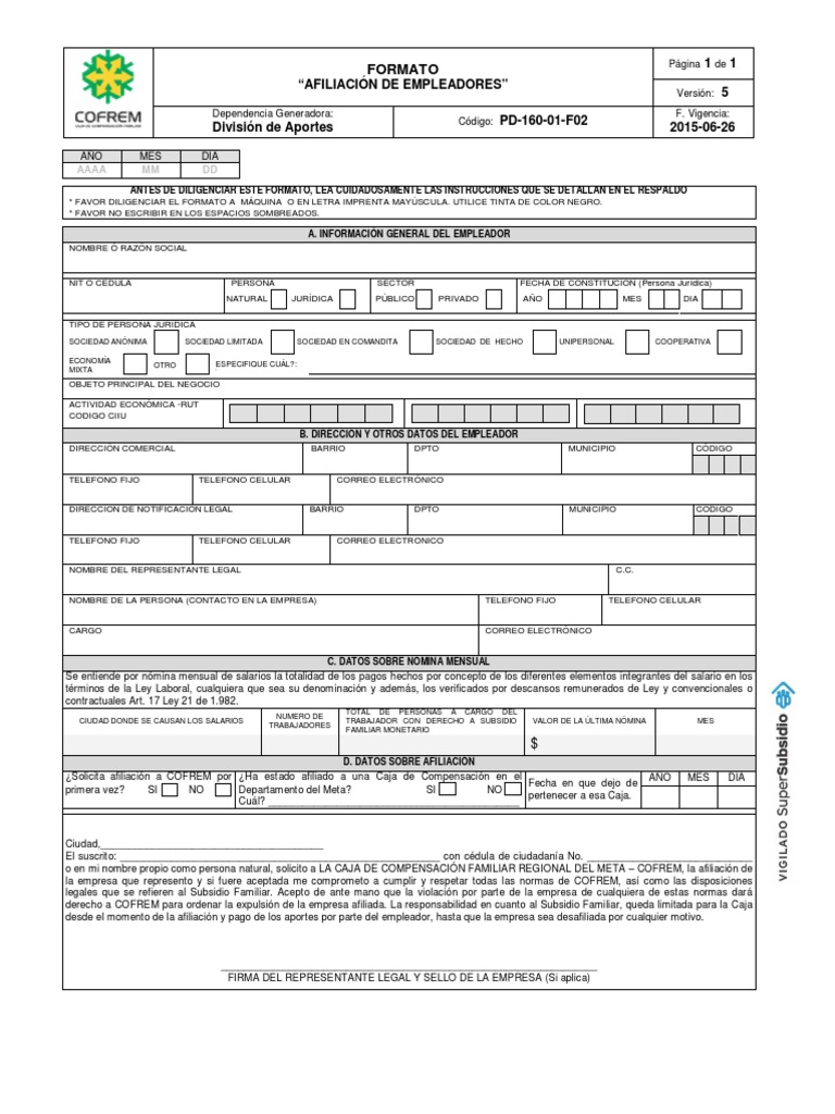 FORMATO Afiliación de Empresa - COFREM | PDF | Salario | Derecho laboral