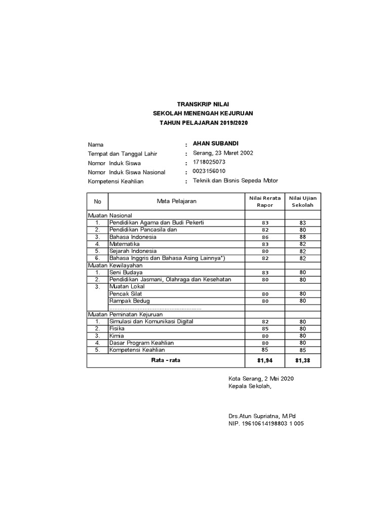 Sample Transkrip Tahun 2020 | PDF