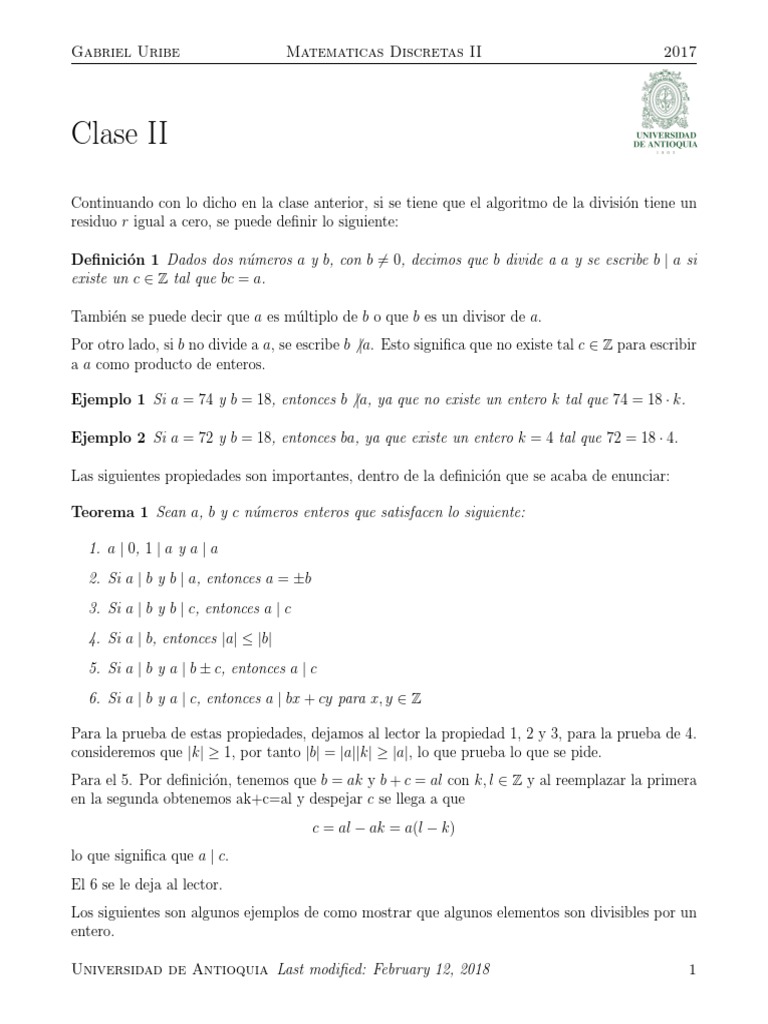 Clase 2 Matemáticas Discretas 2 Udea Pdf División Matemáticas