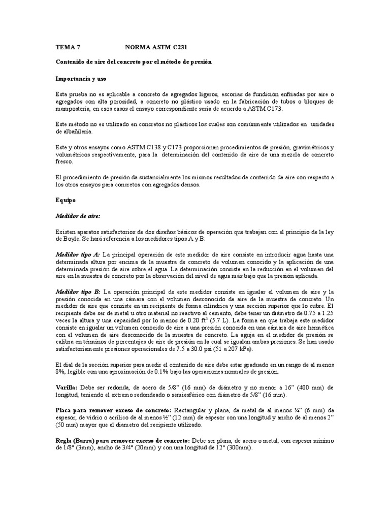 Medición de Aire en Concreto ASTM C231 | PDF | Hormigón | Volumen