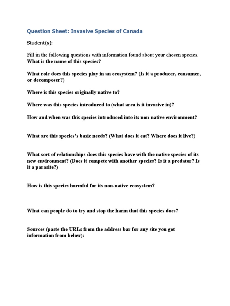 Invasive Species of Canada: Question Sheet | PDF | Social Science ...