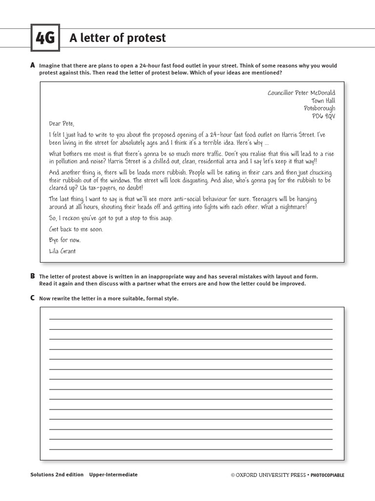 A Letter of Protest: Solutions 2nd Edition Upper-Intermediate | PDF