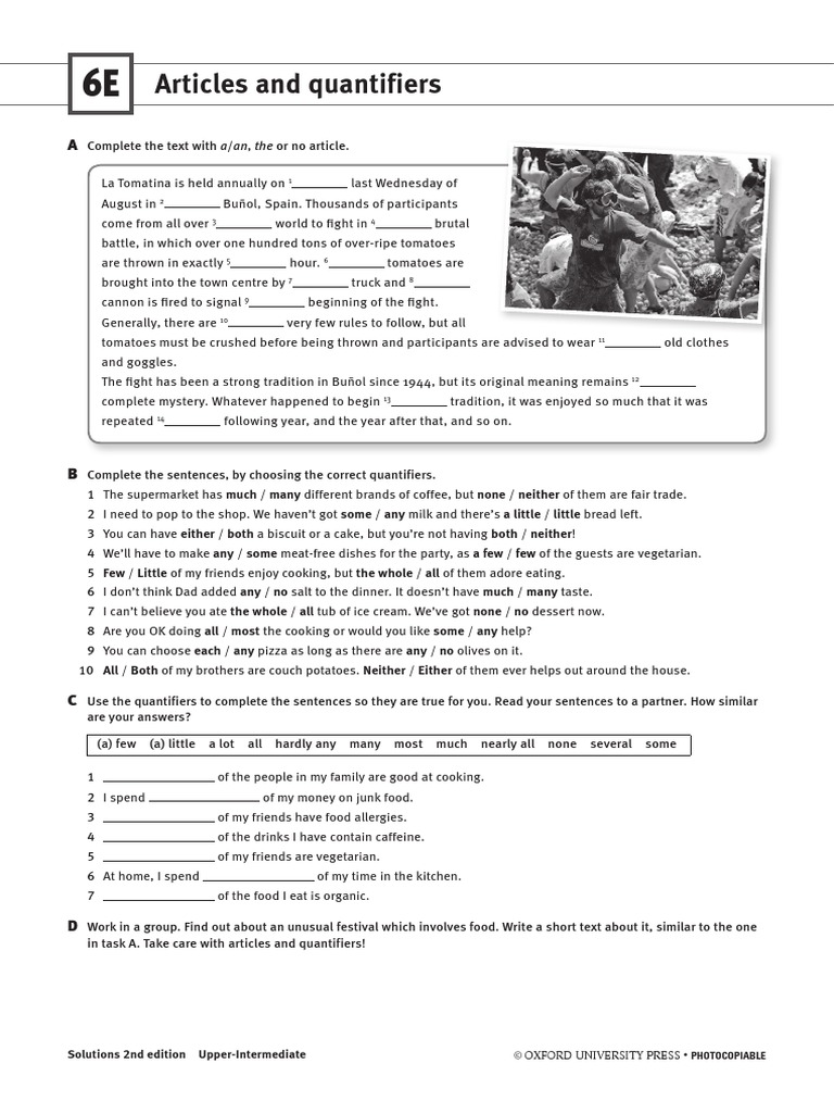 Articles and Quantifiers: Solutions 2nd Edition Upper-Intermediate | PDF | Food And Drink | Foods
