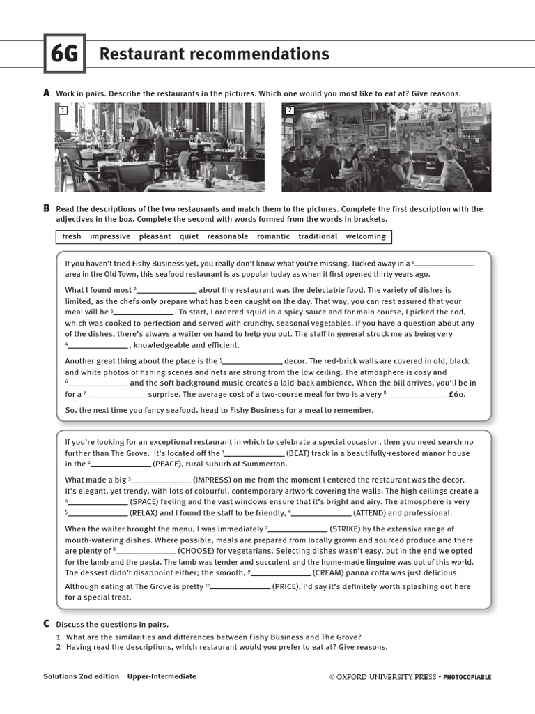 Restaurant Recommendations: Solutions 2nd Edition Upper-Intermediate ...