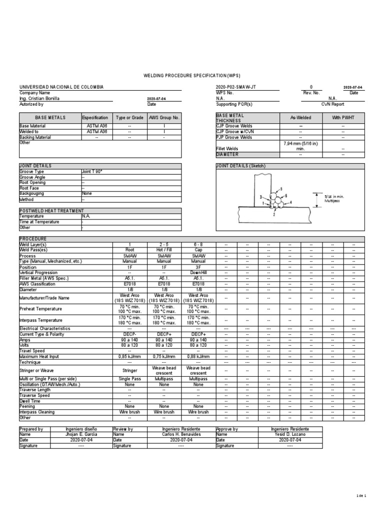 Plantilla WPS (SMAW) Junta T | PDF | Welding | Construction