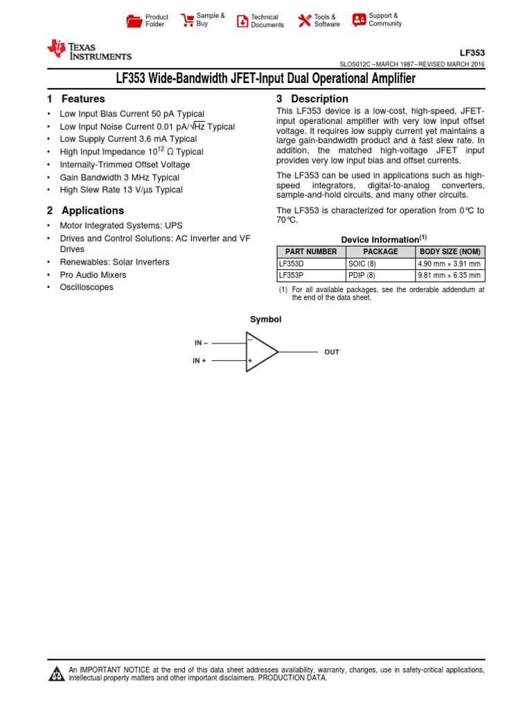 LF353 Wide-Bandwidth JFET-Input Dual Operational Amplifier: 1 Features 3 Description | PDF ...