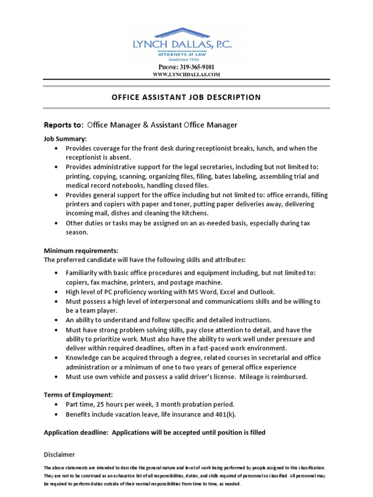 Office Assistant Job Description | PDF | Photocopier | Business