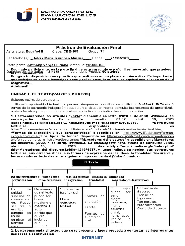 Prueba Final Español II UAPA | PDF | Internet | Wikipedia