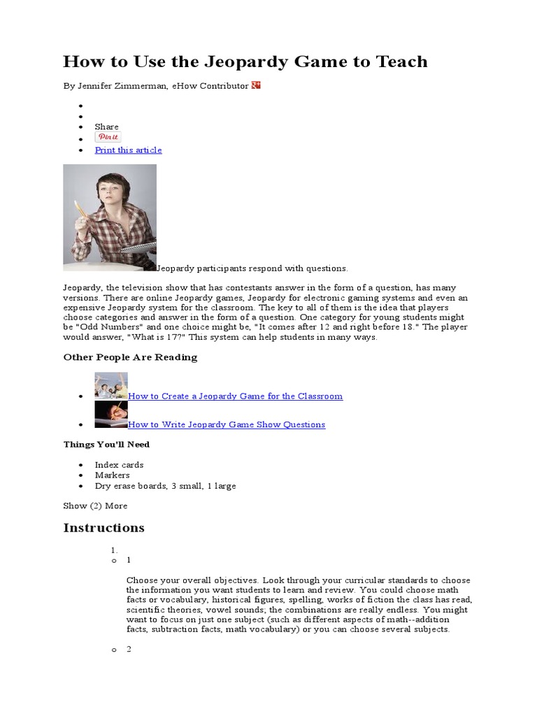 How To Use The Jeopardy Game To Teach: Instructions | PDF | Classroom ...