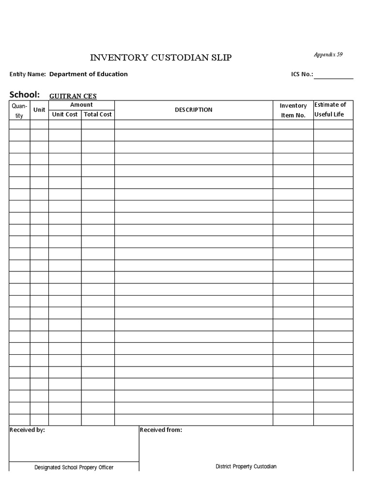 Inventory Custodian Slip Template | PDF