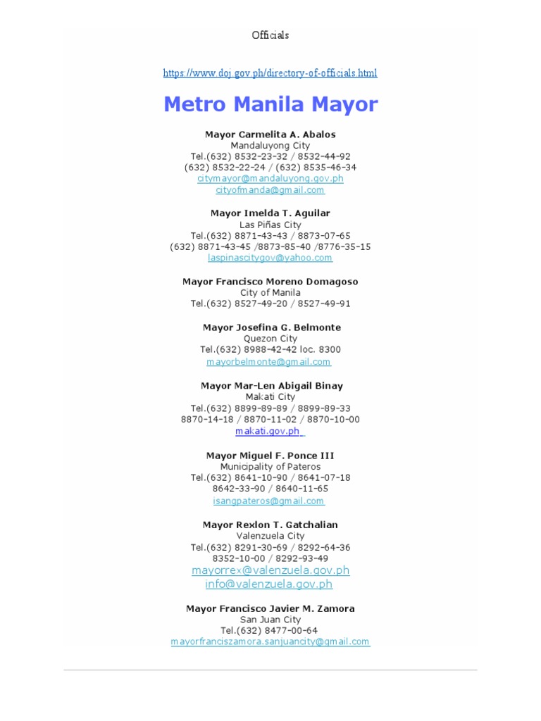 Metro Manila Mayor: Officials | PDF | Metro Manila