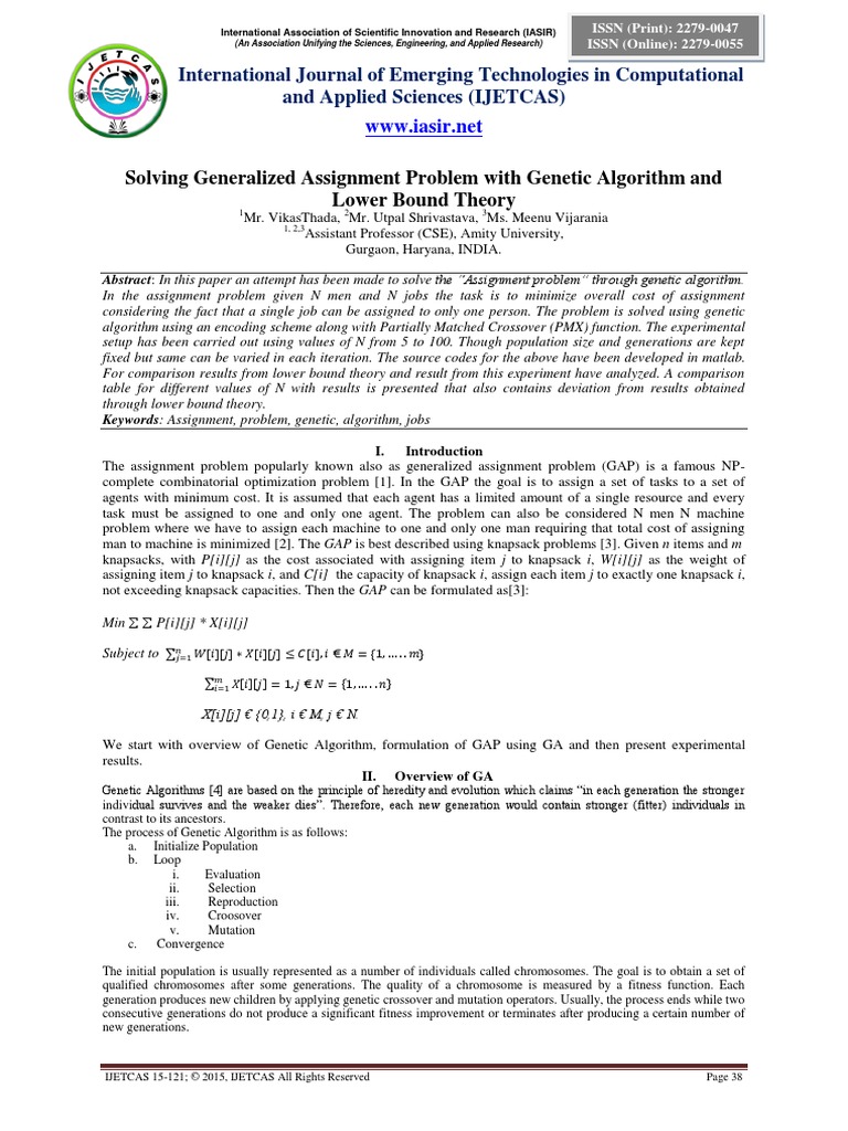 Solving Generalized Assignment Problem With Genetic Algorithm And Lower Bound Theory Pdf 