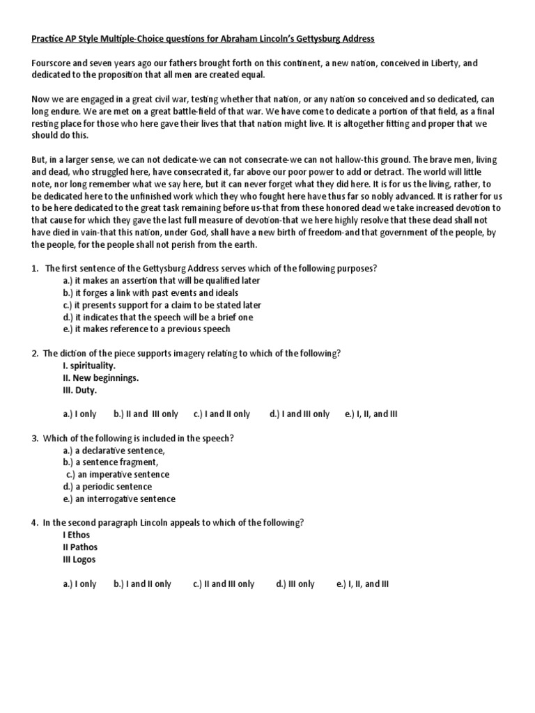 Practice-AP-Style-MC-with-Lincolns-Gettysburg-Address-13o7svk 2 | PDF