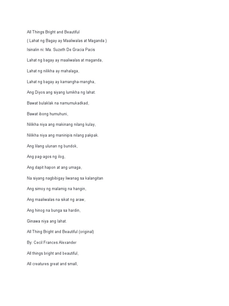 All Things Bright and Beautiful (TAGALOG VERSION) | PDF
