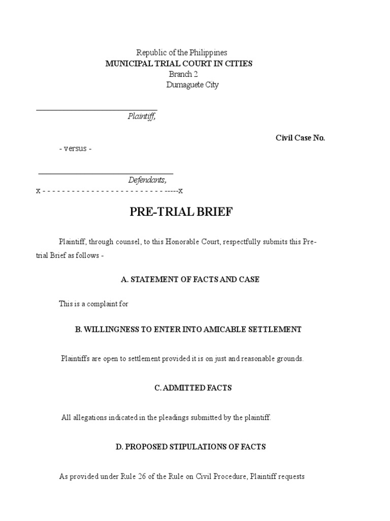 Pre-Trial Brief: Municipal Trial Court in Cities | Download Free PDF ...