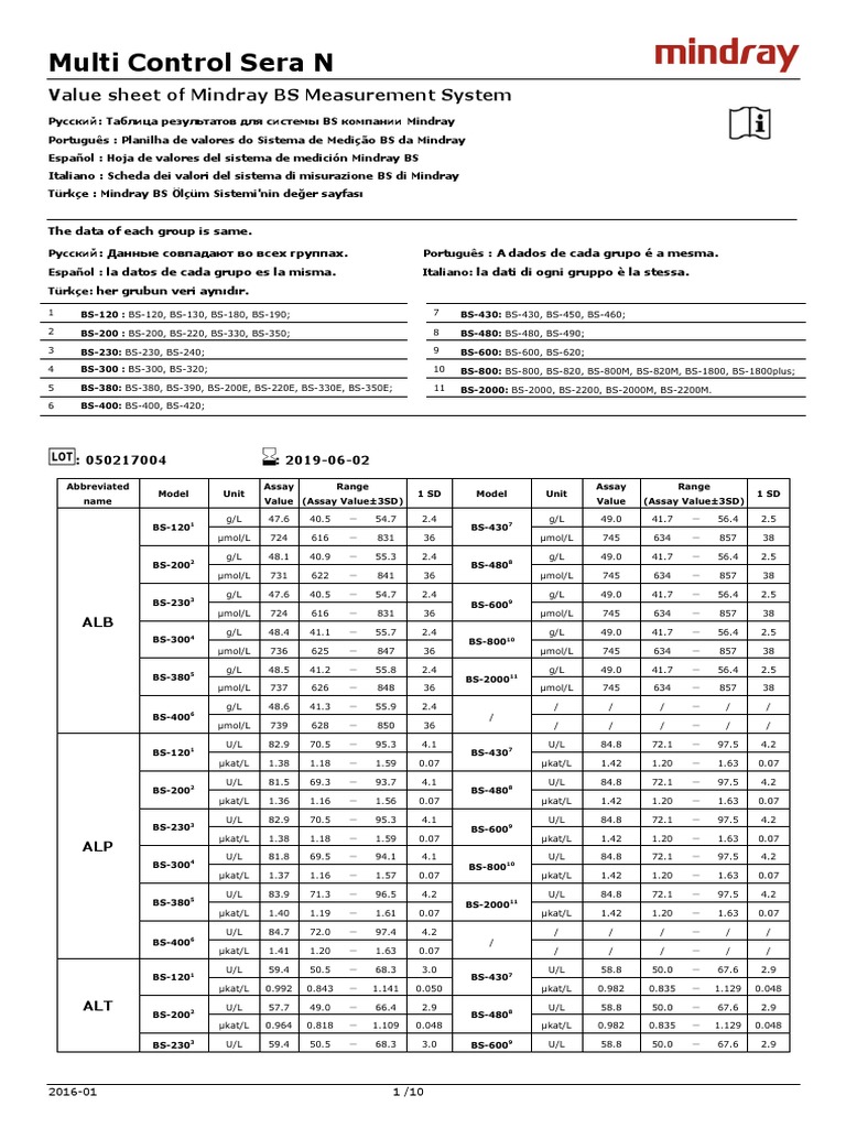 Multi Control Sera N: Value Sheet of Mindray BS Measurement System | PDF