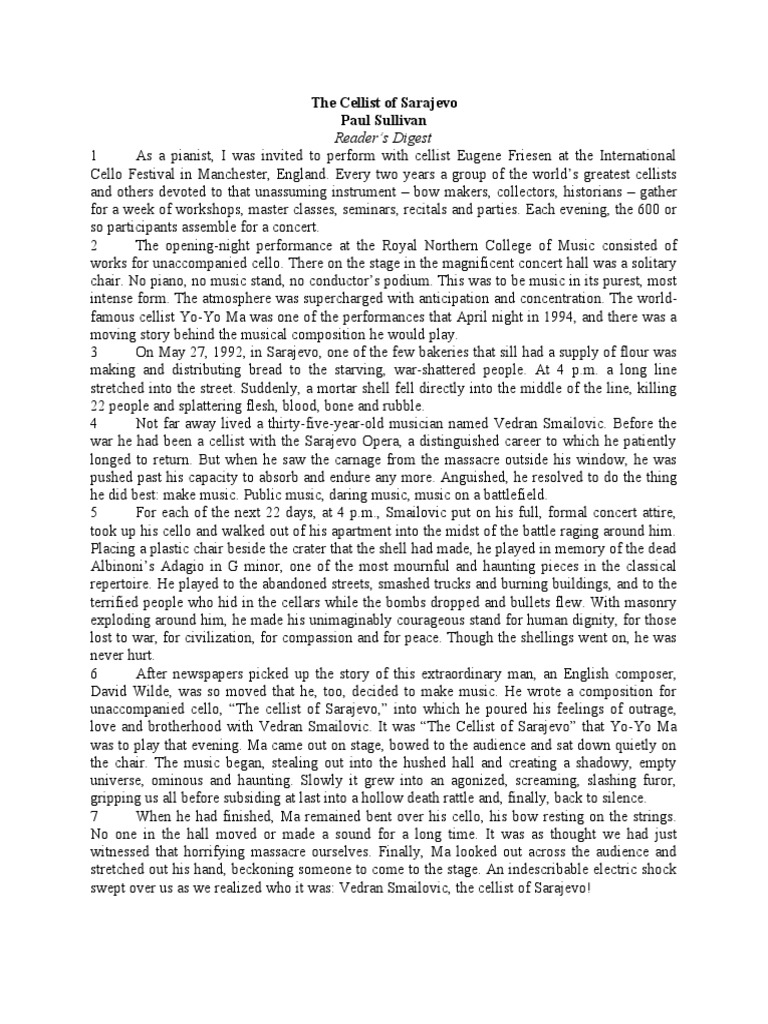 The Cellist of Sarajevo | Download Free PDF | Cello | Performing Arts