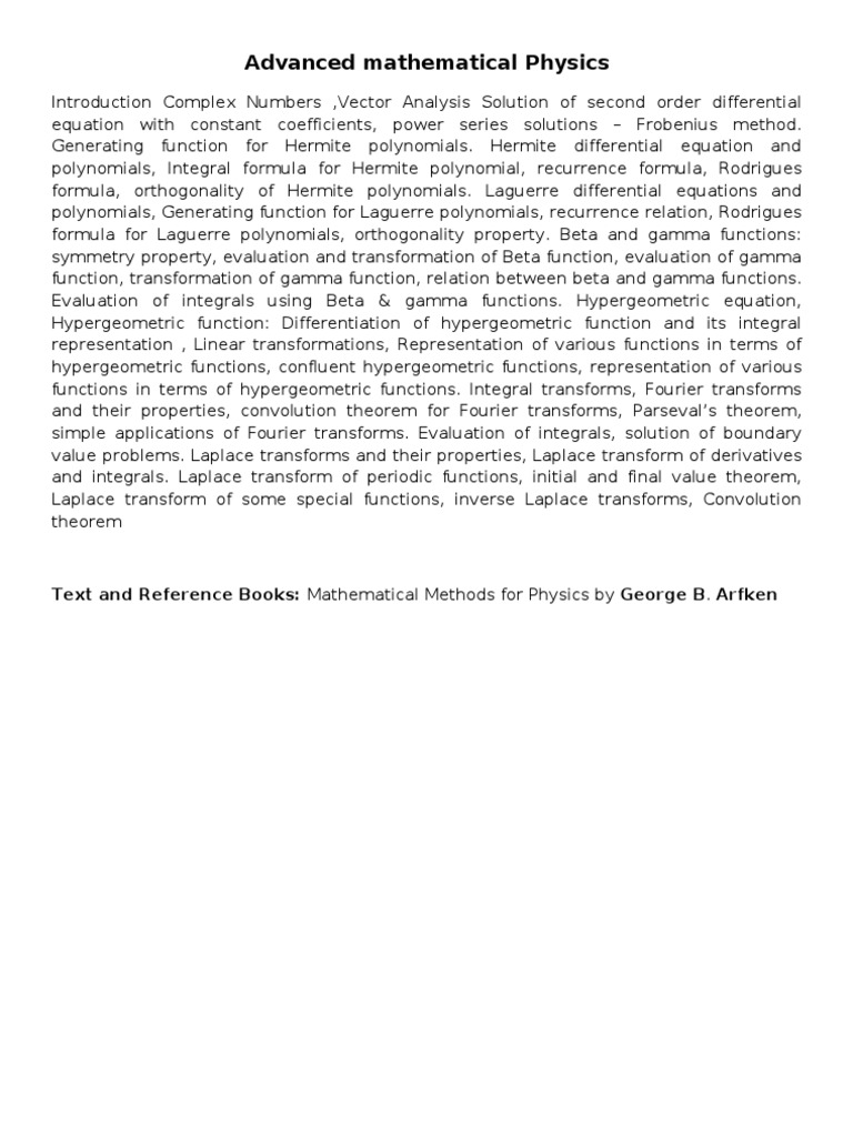 Advanced Mathematical Physics: Text and Reference Books: Mathematical ...