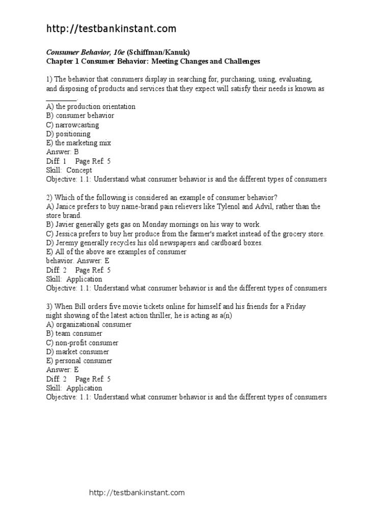 Test Bank For Consumer Behavior 10th Edition by Schiffman | PDF ...