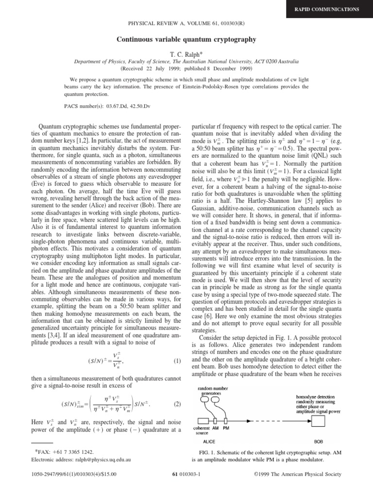 Continuous Variable Quantum Cryptography | PDF | Signal To Noise Ratio | Quantum Mechanics