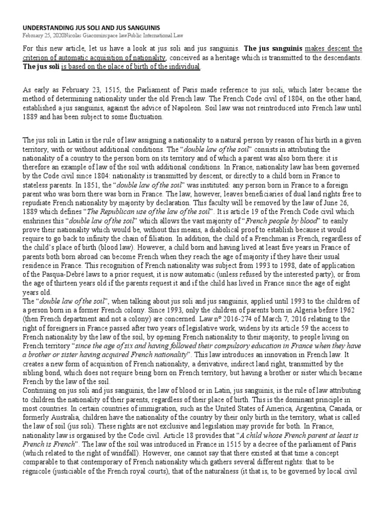 2020 Bar - UNDERSTANDING JUS SOLI AND JUS SANGUINIS | PDF | Nationality ...